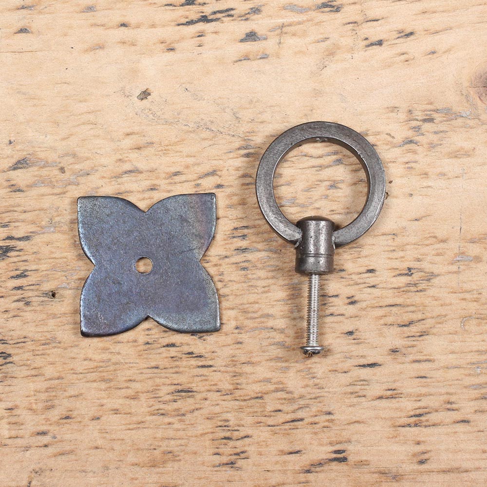 Wrought Iron Ring Pull with Backplate, Forged Iron Ring Knob